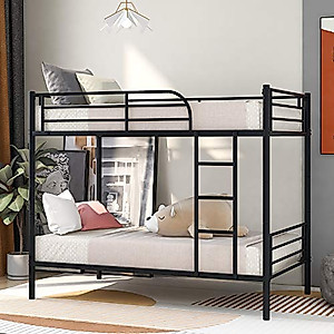 Harper & Bright Designs Twin Over Twin Metal Bunk Bed with Removable Ladder, Heavy Duty Bed Frame with Safety Guard Rails for Kids Teens Adults, Black