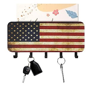 DreamsEden Small Decorative Key Holder for Wall, Plastic Key Hanger with 5 Hooks & Tiny Mail Slot (Vintage American Flag)