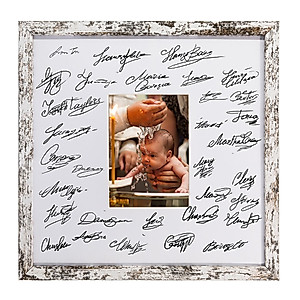 GraduatePro 14x14 Signature Picture Frame Board for 5x7 Photo with Signable Mat for Birthday Baptism Party Graduation Wedding Guest Book Rustic White