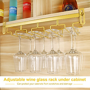 AUHOKY Adjustable Wine Glass Holder Under Shelf, Nail Free Metal Stemware Holder Storage Hanger, Hanging Wine Glasses Rack Organizer Under Cabinet Mount for Bar Kitchen (4 Rows, Gold)
