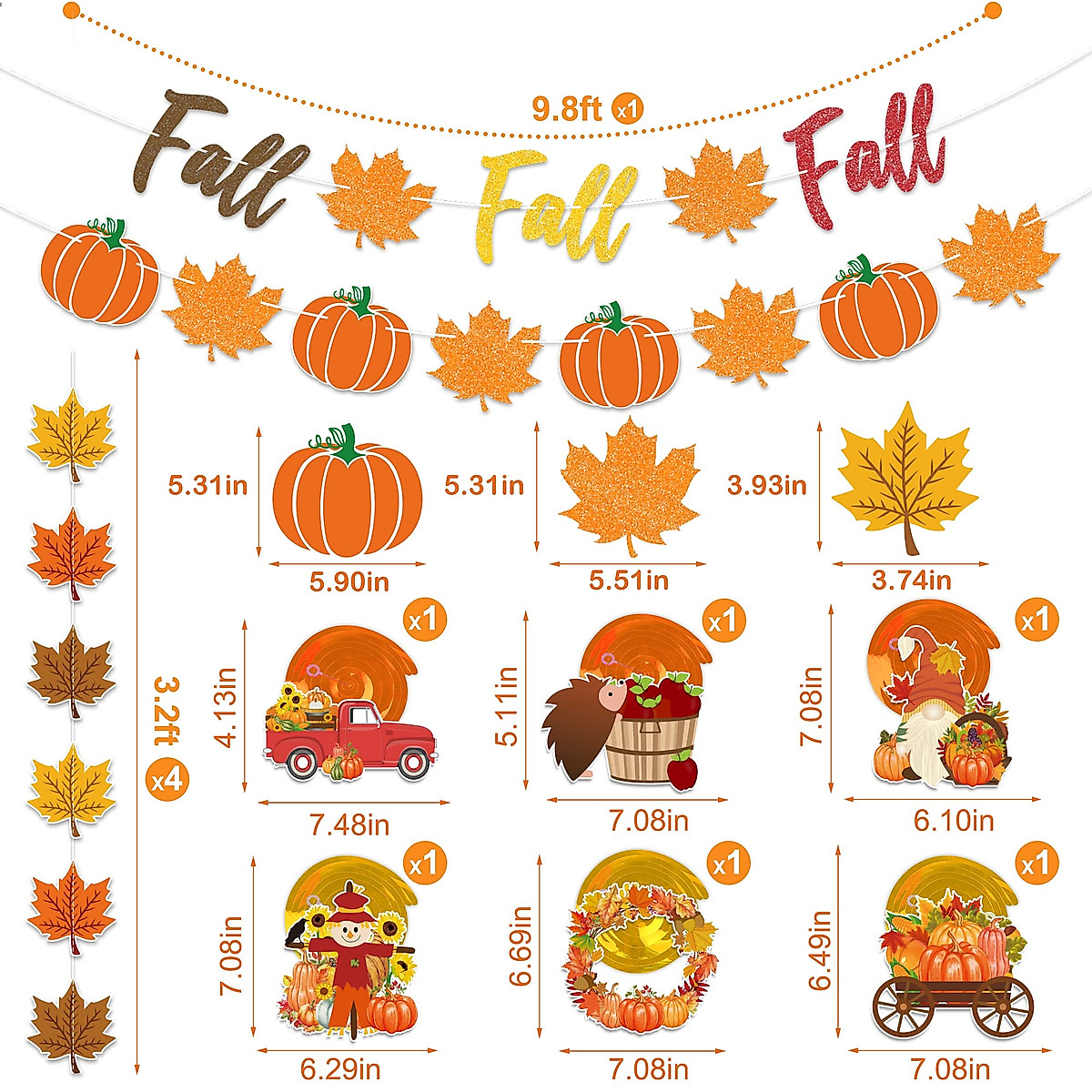 Fall Party Decorations Supplies - NO DIY- Fall Home Decor Set Include Glitter Fall Banner Pumpkin Maple Leaf Garland, 6pcs Hanging Swirls, 4Pcs Maple Leaves Garland Strings for Fall Thanksgiving Party