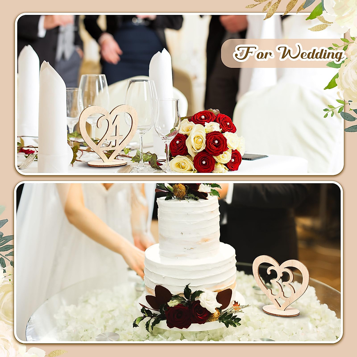 Blulu 40 Pieces Wooden Wedding Table Numbers Heart Shape 1-40 Table Numbers with Holder Base Standing Rustic Hollow Wood Table Numbers for Wedding Event Party Catering Decoration