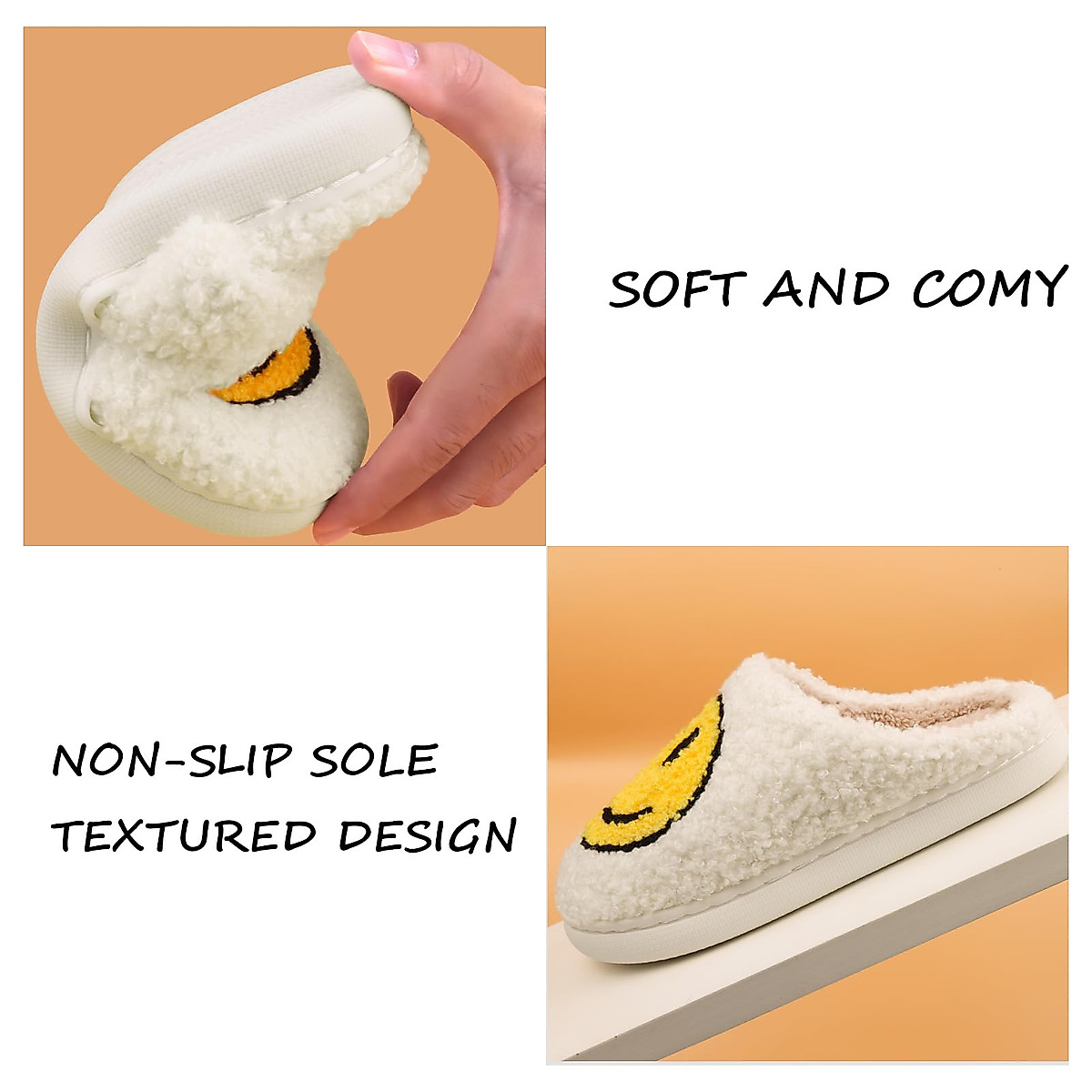 ZICKYO Kids Slippers Boys Girls Cute Happy Face House Slippers Warm Soft Plush Non-Slip Indoor Outdoor Slip-on Shoes White Yellow 3-4 Big Kid