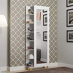 Pemberly Row Modern Wood 7 Shelf Shoe Rack with Mirror in White