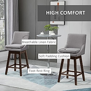 HOMCOM Bar Height Bar Stools Set of 2, Armless Upholstered Swivel Barstools Chairs with Soft Padding Cushion and Wood Legs, Light Gray