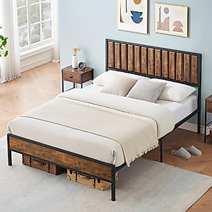 GAOMON Queen Size Bed Frame with Wood Headboard,Metal Bed Frame with 14 Heavy Duty Steel Slats,No Box Spring Needed,Noise-Free,Retro Brown