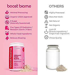 Boost Biome Organic Fiber Blend – Resistant Starch Powder with Green Banana Flour, Oat, Black Bean – Supports Bloating Relief, Gut Health, Leaky Gut, High Fiber & Prebiotic (30 Servings, Strawberry)