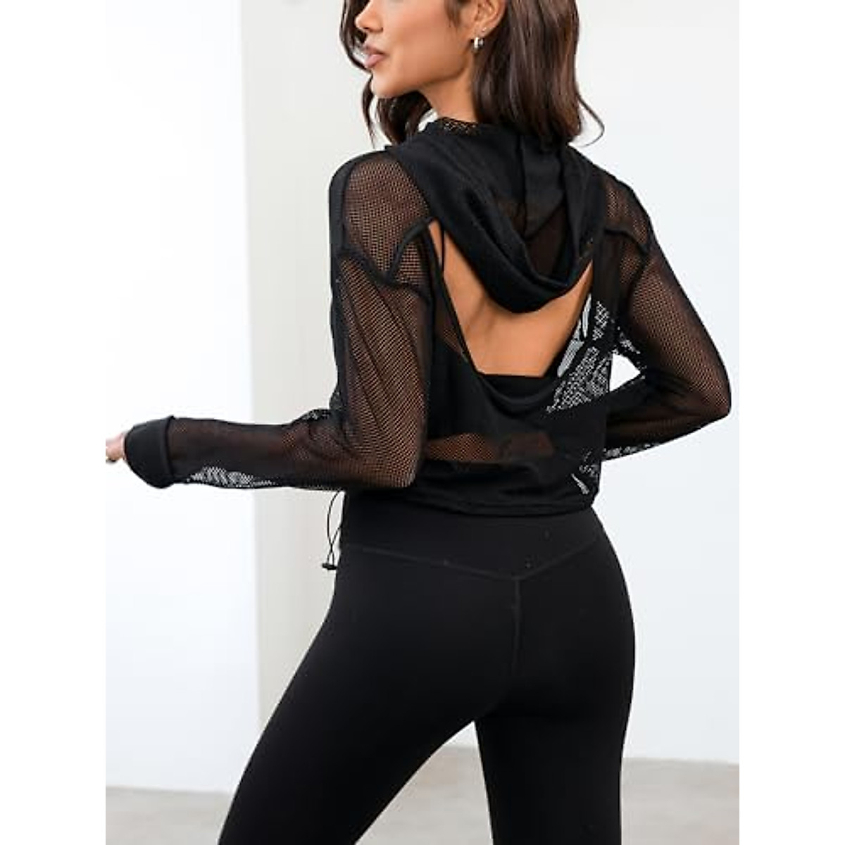 SweatyRocks Women's Activewear Long Sleeve Hollow Out Drawstring Hooded Sweatshirt Sports Crop Top Black M