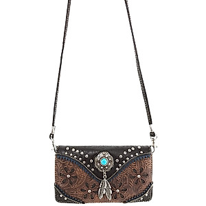 Turquoise Concho Feather Conceal Carry Hobo Handbag Crossbody Wallet Set Brown
