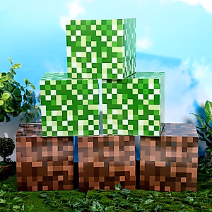 Outus 6 Pcs Large Pixel Mine Party Boxes 11.8 Inch Halloween Trunk or Treat Car Decoration Pixel Miner Video Gaming Box Pixelated Party Favor Vintage Grass Green Brown Birthday Centerpieces Xmas