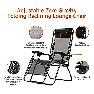 Amazon Basics Outdoor Textilene Adjustable Zero Gravity Folding Reclining Lounge Chair with Pillow, Black