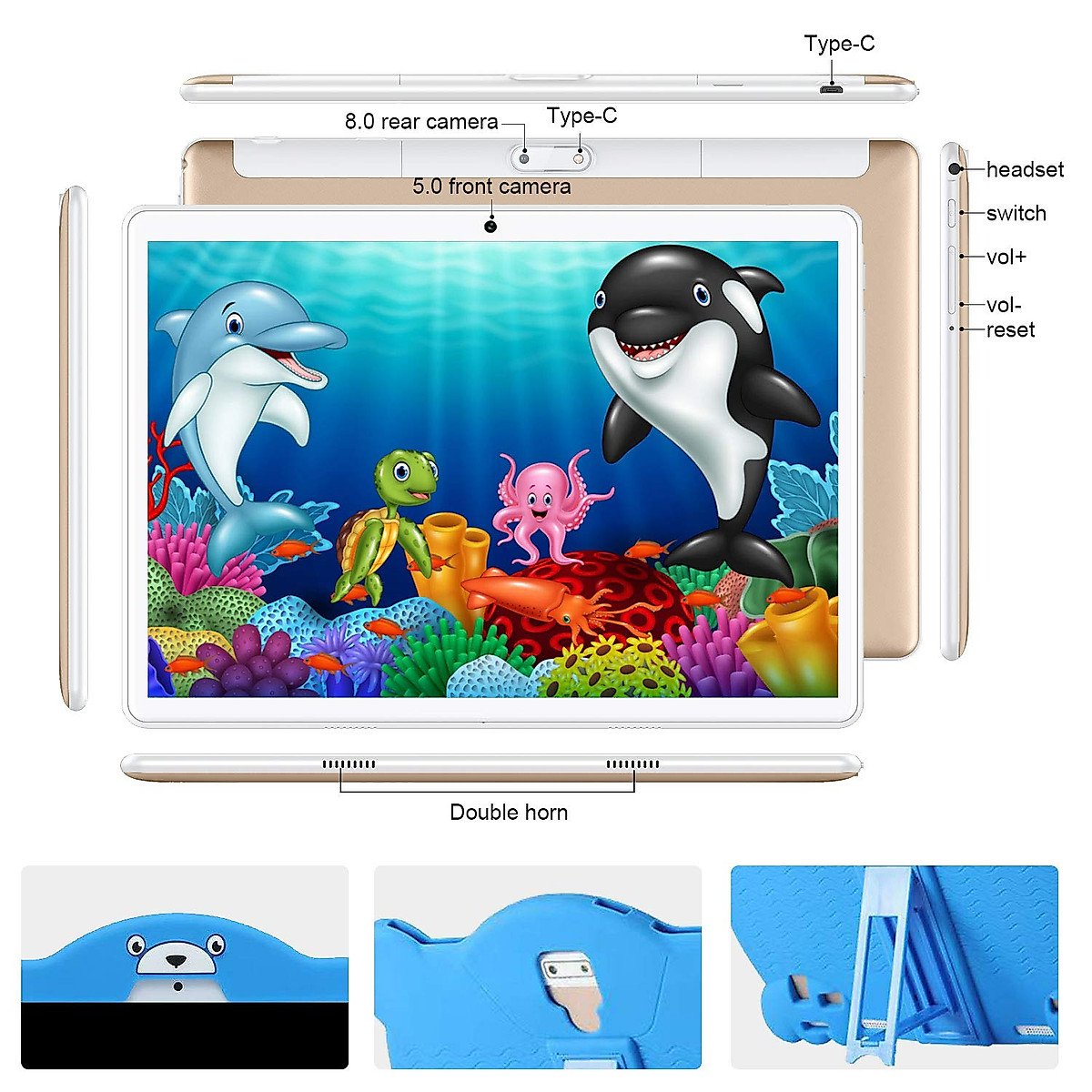 Tablets 10 Inch Android 9.0 Pie Tablet 3GB RAM+32GB ROM/128GB Dual SIM Dual 8MP Camera 8500mAh, 4G/ WiFi, Bluetooth, GPS Unlocked Tablet, IWaWa APP for Kids (Blue)