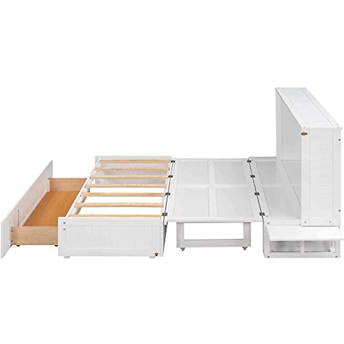 DNYN Queen Size Mobile Murphy Bed with Storage Drawer, Wood Bedframe w/Little Shelves on Each Side, Can Convert to Cabinet for Guest Room Home Office, White