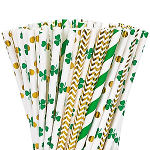 Whaline 100Pcs St Patrick's Day Paper Straws 7.7" Shamrock Wave Stripe Dot Disposable Paper Straws Irish Theme Paper Straws Green Gold Foil Straws for Juices Baby Shower Birthday St Patrick's Day
