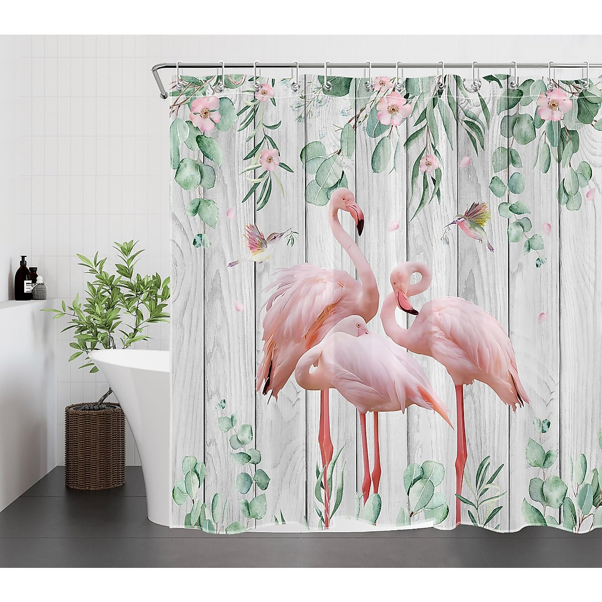 LB Flamingo Plant Shower Curtain Pink Flamingo Floral with Eucalyptus Leaves on Grey Board Shower Curtain Hummingbird Bathroom Decor with Hooks 78Lx72W Inch Waterproof Polyester Bath Curtain
