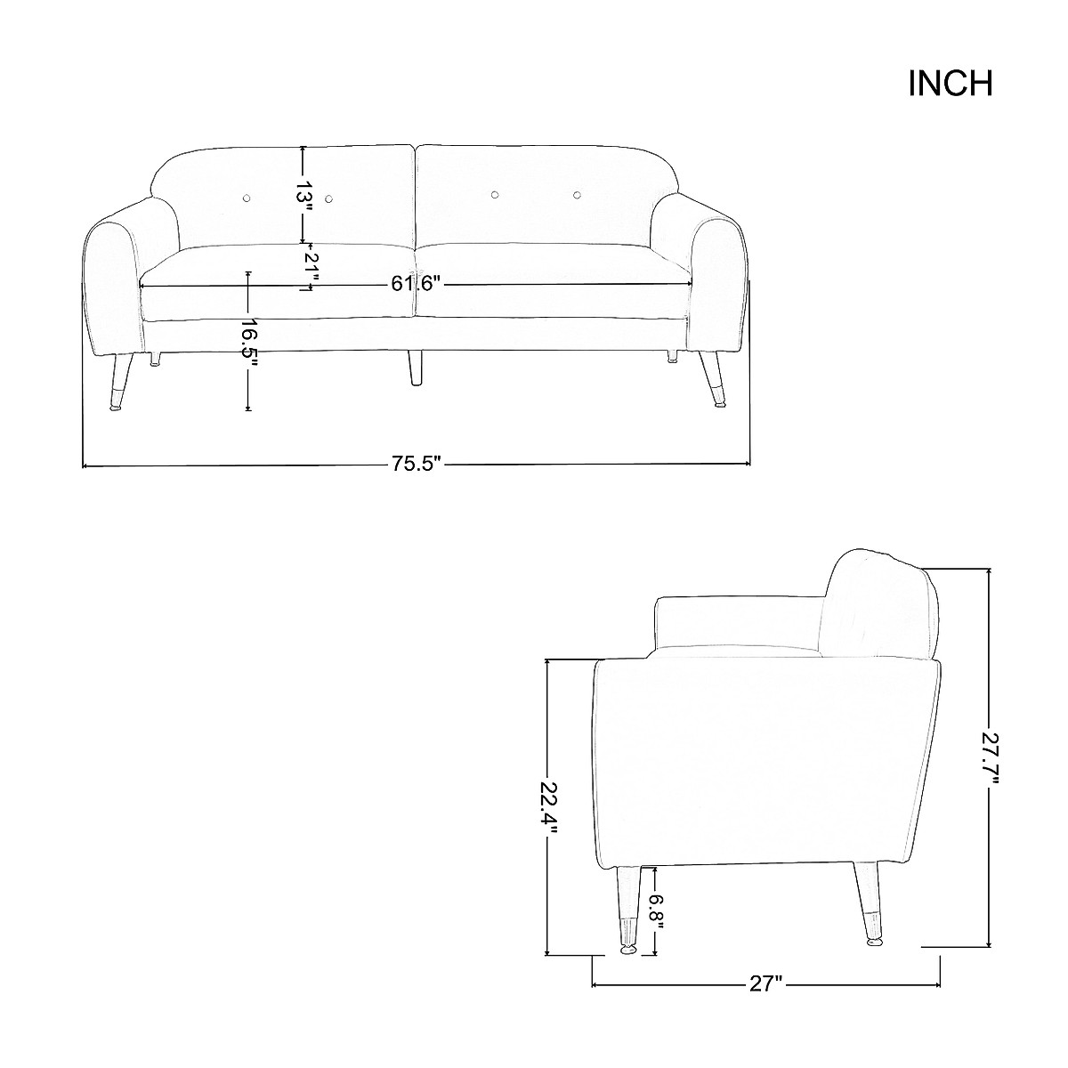 IULULU Velvet Sofa, 75 Inch Mid Century Modern Accent Couch, Upholstered Futon with Wood Legs, Beige