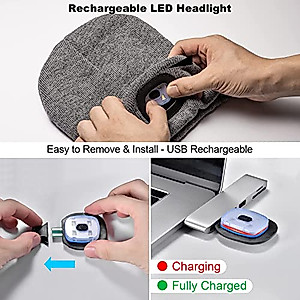 Attikee LED Lighted Beanie, Unisex Warm Knitted Hat, Rechargeable Headlamp Cap for Outdoors, Tech Gift for Men Dad Father Him Black