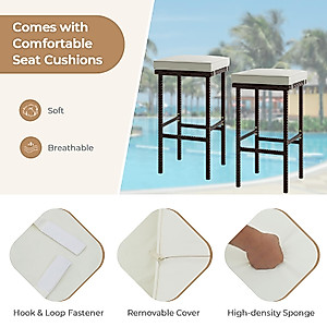 HAPPYGRILL Wicker Bar Stools Set of 2, Bar Height Bistro Stools with Removable Seat Cushions, Backless Patio Pub Stools with Footrest Support 400 LBS, for Balcony, Poolside