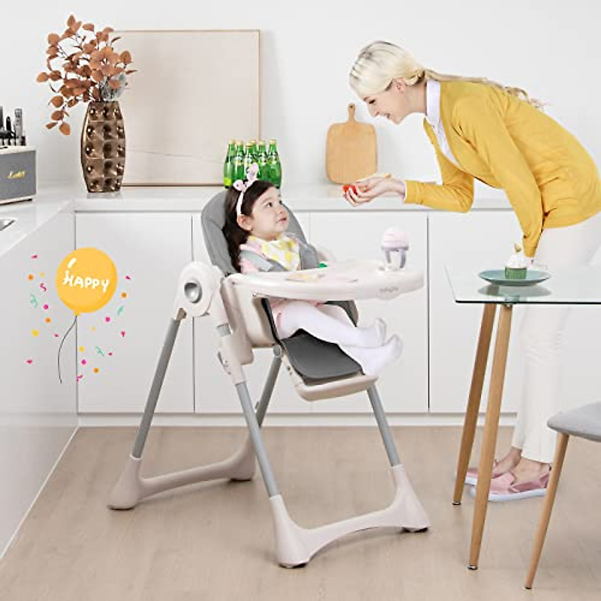 BABY JOY Convertible High Chair for Babies & Toddlers, Foldable Highchair with Adjustable Backrest/Footrest/Seat Height, Double Removable Tray, Detachable PU Cushion, Built-in Front Wheels (Gray)