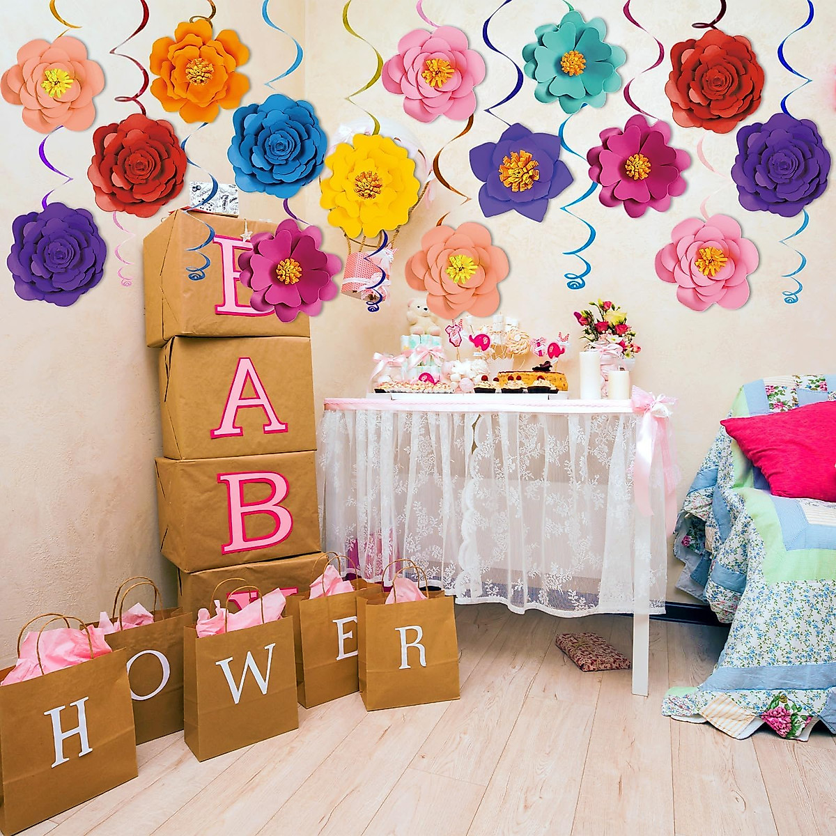 60Pcs Mexican Fiesta Party Decorations Mexican Floral Hanging Swirl Mexican Banners for Fiesta Party Fiesta Theme Party Supplies Birthday Baby Shower Decorations（Flat Cardstock NOT 3D）