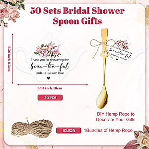Skybooly 50 Sets Bridal Shower Tea Party Favors for Guests Mini Coffee Spoons Small Tea Spoons Heart Spoon with Teapot Idea Thank You Cards and Hemp Rope Wedding Souvenirs Tea Party Supplies