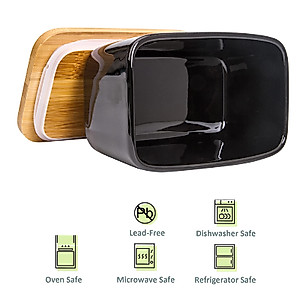 Arswin Butter Dish with Lid,Extra Large 650ml,Porcelain Keeper with Bamboo Lid Cover for 2 Sticks of Butter,Microwave Safe Easy Clean Butter Storage Container for Countertop Refrigerator (Black)