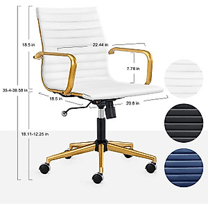 COROCC Office Desk Chair Modern Conference Room Task Chairs Leather Computer Swivel Excutive Ribbed Ergonomic Rolling Chair for Bed Room White and Gold Chair