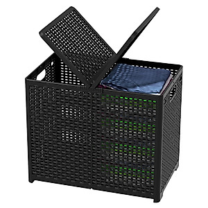 Udotry Plastic Folding 2 Compartments Laundry Hamper, Collapsible 2 Sections Laundry Basket with Lid, Black