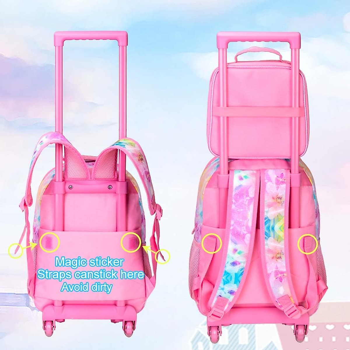 4PCS Rolling Backpack for Girls,Kids Unicorn Bookbag with Roller Wheels, Suitcase School Bag Set for Toddler Elementary