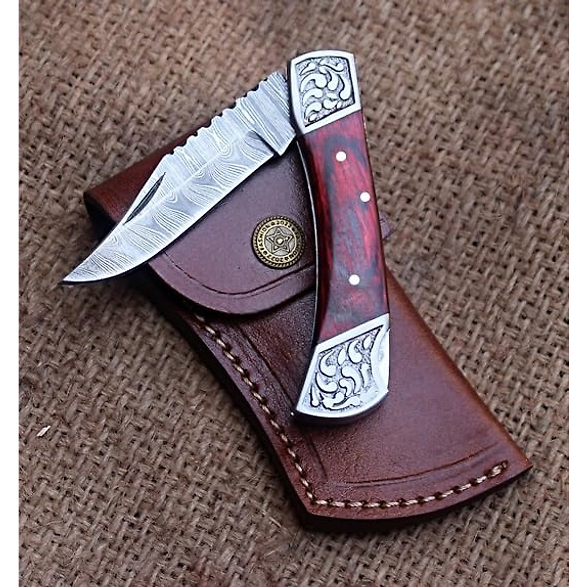 Nesmo-511 Damascus Steel Pocket Knife for Men - Handmade Folding Hunting Knives with Leather Pouch - Best Knife for Camping Hunting Hiking (Red Pakka Wood Handle)