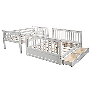 JJRY Twin-Over-Full Bunk Bed can be Divided into Two Individual beds, Wood Bed Frame with Inclined Ladder and Two Storage Drawers (White)