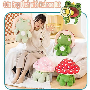 Frog Plushies Toys, 17" Cute Frog Pillow with Mushroom Hat Stuffed Animals, Kawaii Plushies Gift for Kids Girls Adults Valentines Birthdays Gift（Light Green Red hat, 17inch