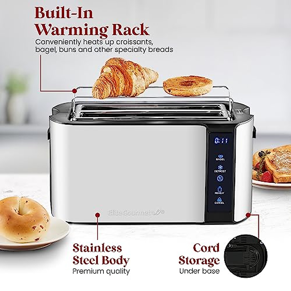 Elite Gourmet ECT5322 Long Slot 4 Slice Toaster, Countdown Timer, Bagel Function, 6 Toast Setting, Defrost, Cancel Function, Built-in Warming Rack, Extra Wide Slots for Bagels Waffles, Stainless Steel