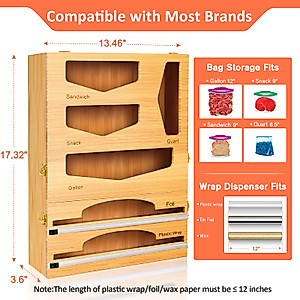 Ziplock Bag Organizer,Upgraded 6 in 1 Foil and Plastic Wrap Organizer,Bamboo Storage Organizer for Gallon,Quart,Sandwich & Snack Bag,Foil Dispenser With Cutter Fit 12" Plastic Wrap,Aluminum Foil