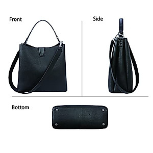 HESHE Leather Womens Handbags Tote Top Handle Bucket Bag Shoulder Bags Satchel Ladies Purses Crossbody Bag (Black-Top Grain Leather)