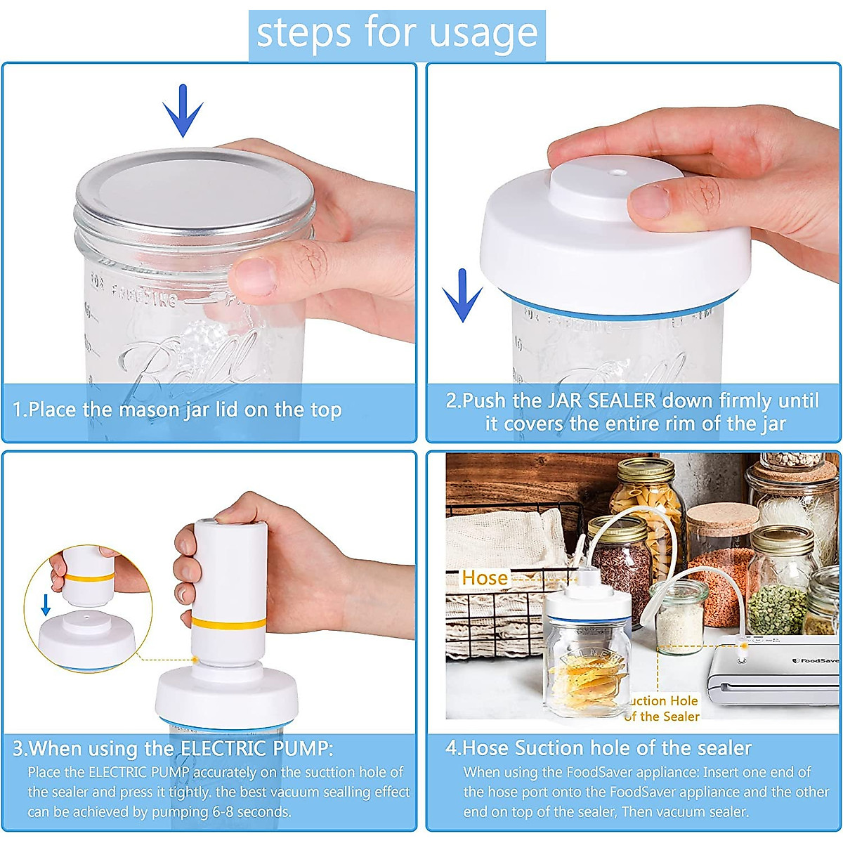 Electric Mason Jar Vacuum Sealer Kit for Regular and Wide Mouth Mason Food Jars, Canning Sealer with Electric Portable Vacuum Pump and Vacuum Seal Bags for Food Storage and Fermentation