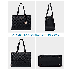 LOVEVOOK Lunch Tote Bag for Women, 15.6 Inch Laptop Bag with Insulated Lunch Compartment, Quilted Large Capacity Computer Handbag with Purse for Business, Work, Nurse, Office, Collage, Casual, Black