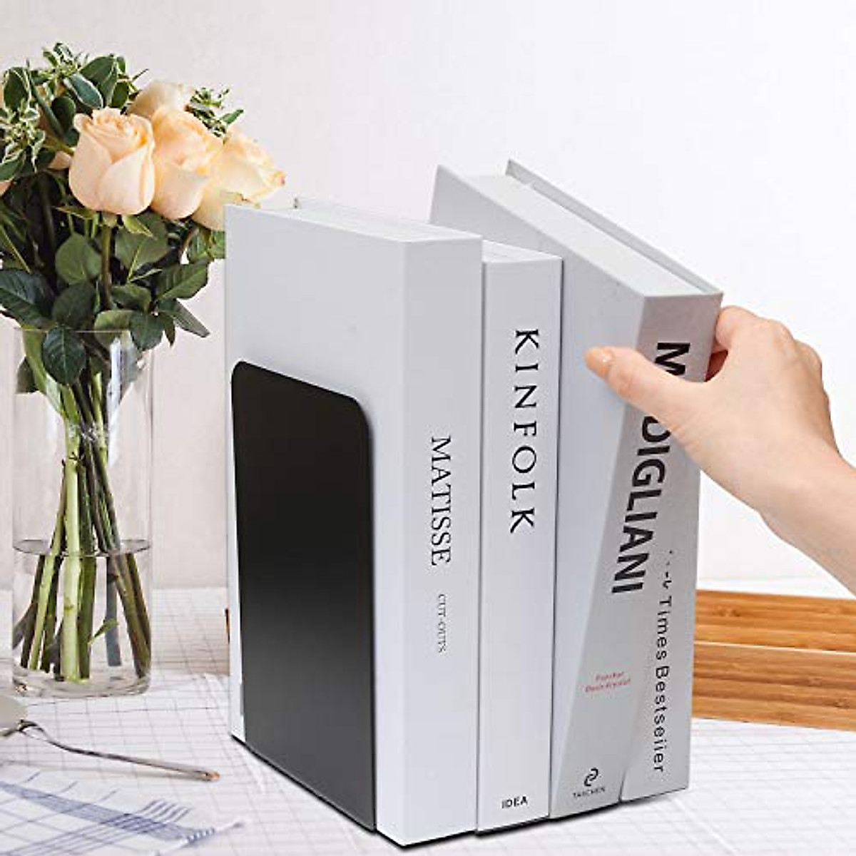 ZOEYES 6 Pcs Black Metal Bookends 8.0x3.9x5.3 Inch, Heavy Duty Book Ends for Shelves, Nonskid Book Holders and Book Stopper for Books Notebooks Files Magazines DVDs - Great for Office, Home, School