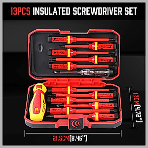 1000V Insulated Electrician Screwdriver Set - 13-Piece Professional Electrical Screwdriver Set Insulation Handle CRV Steel Magnetic Phillips Slotted Pozi Torx Tips VDE & GS Certified