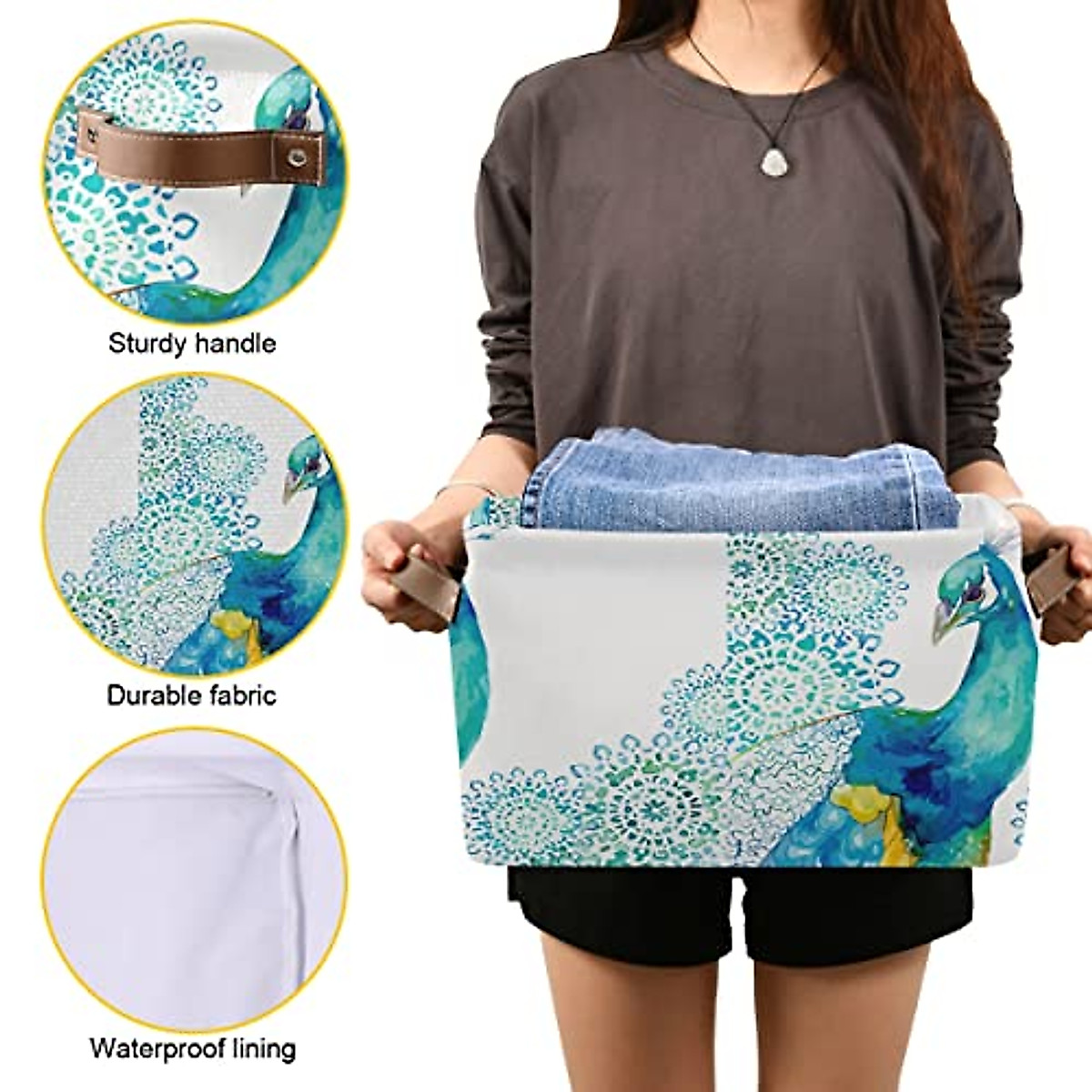 Blue Peacock Flower Square Storage Basket Storage Bins Canvas Storage Organizer Closet Shelf Organizer for Home Office, 1 Pc