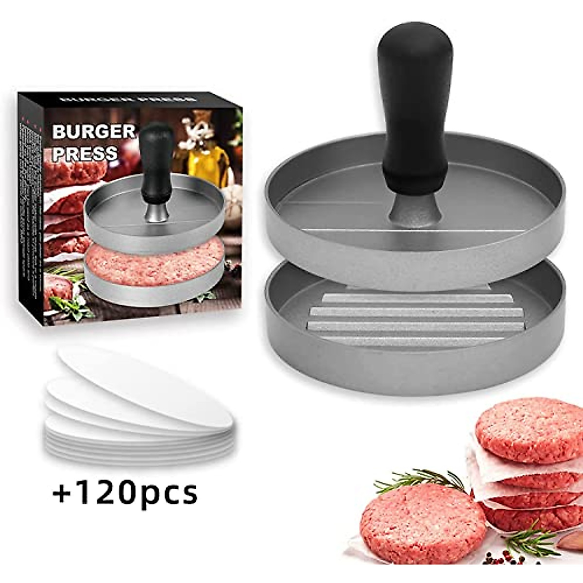 UIRIO Burger Press Patty Maker - Kitchen Mold Hamburger Press with 120 Parchment Papers - Non-Stick Sturdy and Easy to Use - Meat Beef Cheese Veggie Smash Burger Press