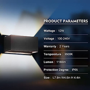 LMP Dusk to Dawn Outdoor Lighting Up and Down Wall Light, 12W LED Porch Lights Outdoor Lights for House, Black Wall Sconce Exterior Wall Lights with IP65 Waterproof, 1160lm, 3500K 1 Pack