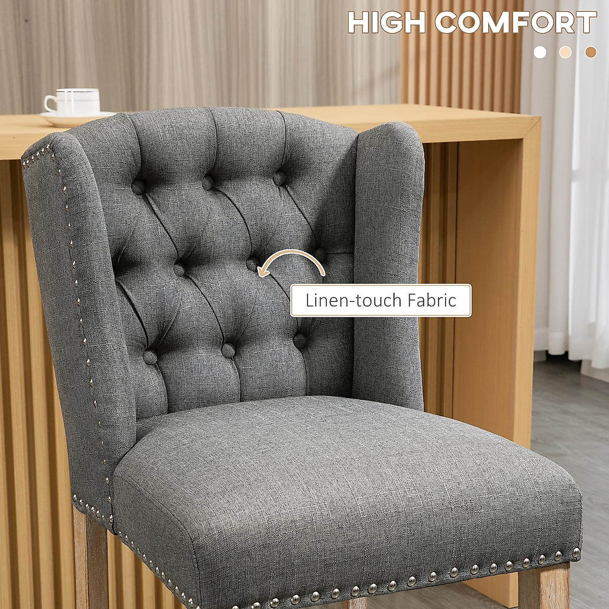 HOMCOM Counter Height Bar Stools Set of 2, 27" Seat Height Upholstered Barstools, Farmhouse Kitchen Island Stools with Nailhead-Trim, Tufted Back and Wooden Legs, Light Gray