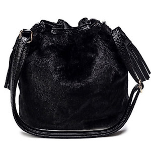 Van Caro Women’s Faux Fur Drawstring Bucket Bag Shoulder Crossbody Bag, Black