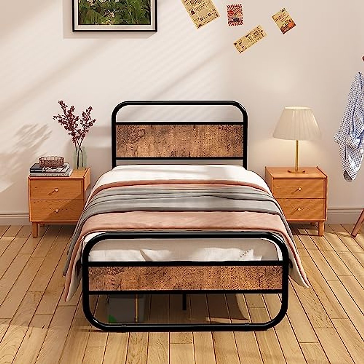 Vecilla Twin XL Bed Frame with Wood Headboard and Footboard, 12 inch Heavy Duty Platform Bed Frame No Box Spring Needed, Non Slip Mattress Foundation, Easy Assembly, Noise-Free, Rustic Brown