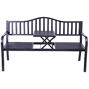 Gardenised QI003461L Outdoor Powder Coated Steel Park Bench, Garden Bench with Pop Up Middle Table, Lawn Decor Seating Bench for Yard, Patio, Garden, Balcony, and Deck