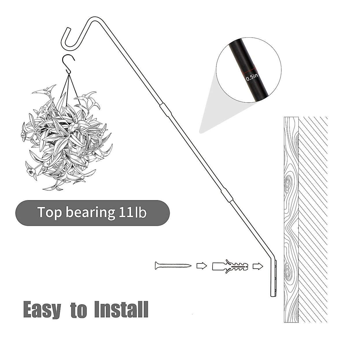 Juegoal Heavy Duty Deck Hook, 25 Inch to 36 Inch Wall Mounted Extended Reach Deck Hook Wall Pole Plant Bracket for Hanging Bird Feeder, Plants, Suet Baskets, Lanterns, Wind Chimes