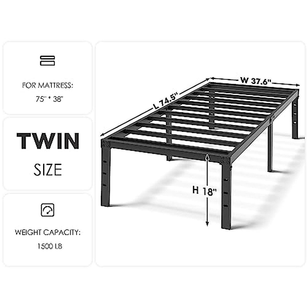 QEROMY 18-Inch Twin-Bed-Frame, Metal Platform Bed Frame Twin, Quick & Easy Assembly, Heavy Duty Bed Frame No Box Spring Needed, Noise-Free, Black