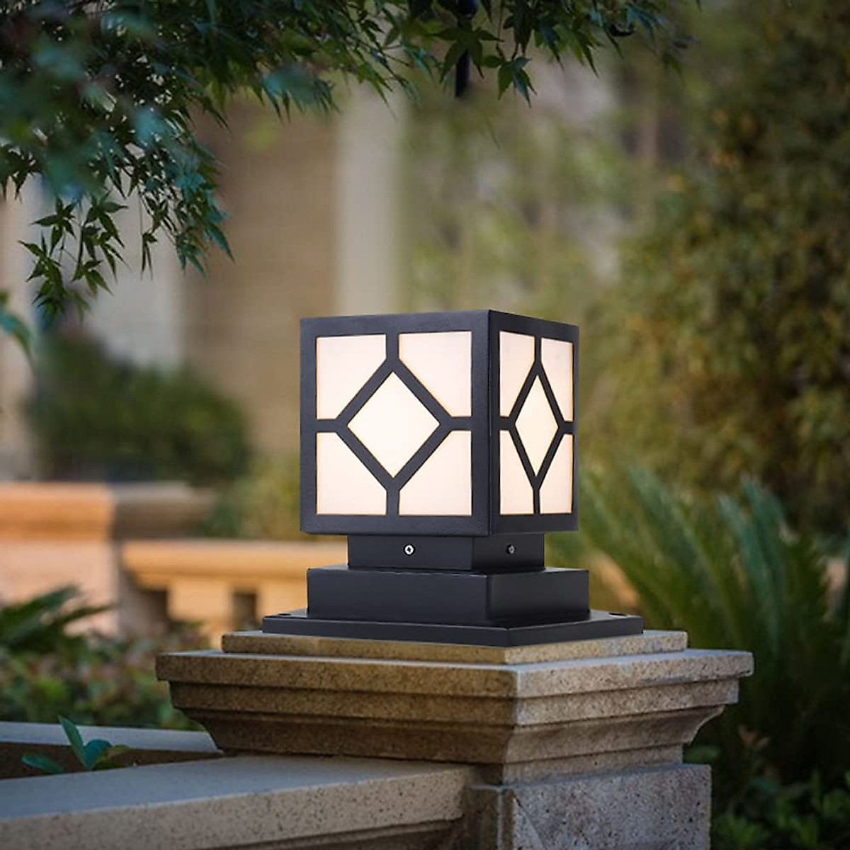 LANTKD Solar Column Head Lamp, Courtyard Villa Garden Home Super Bright Chinese-Style Gate Pillar Lamp Outdoor Waterproof Fence LED Three-Color Dimming Lamps