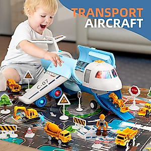 Transport Cargo Airplane, Large Theme Airplane Toy Set, Educational Toy Vehicle Play Set with Smoke Sound and Light, Fricton Powered Plane with Mini Cars and Men, Birthday Gift for Boys and Girls
